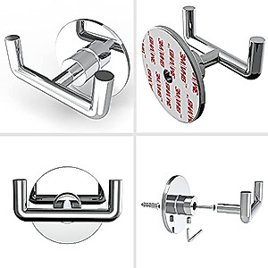 Ruacq Adhesive Double Towel Hook Chrome Round Base Bathroom Robe Towel Holder Hand Towel Hanger Stainless Steel and Zinc Alloy Modern Wall Mounted or Self-Adhesive