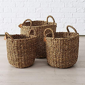Made by Nature Seagrass Baskets, Round Top Handles, Natural Chunky Sweater Weave, Set of 3, Made by Hand, From Over 1.5 Feet Tall to 1 Feet 2 Inches, Ideal for Storage