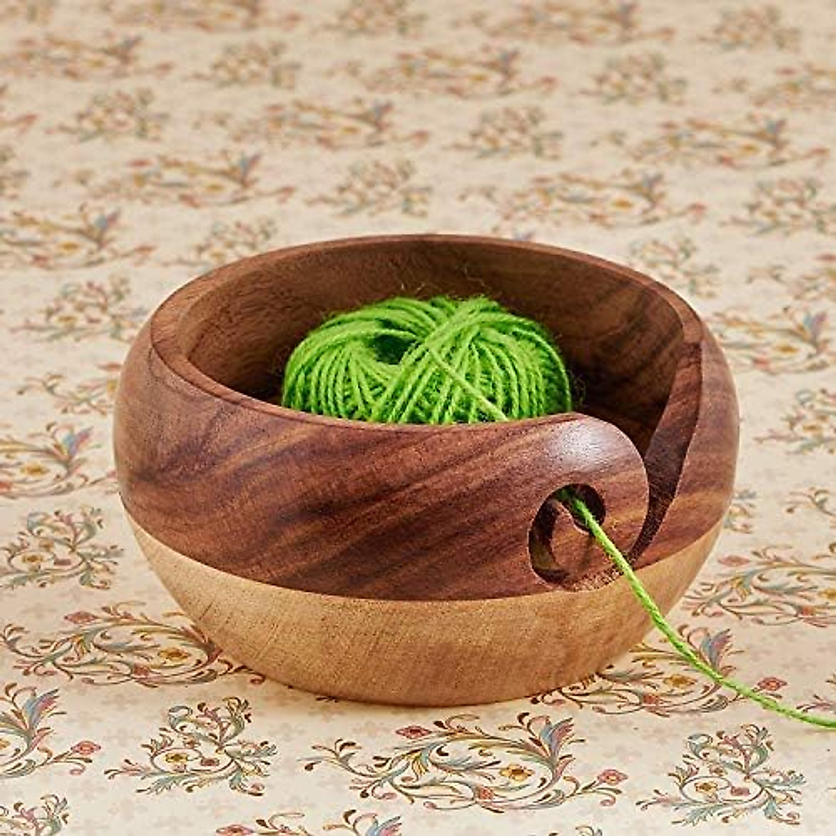 Wooden Yarn Bowl Knitting Bowl Large Crochet Yarn Holder Handmade Crocheting Accessories and Supplies Organizer 7 x 3" (Two Tone)