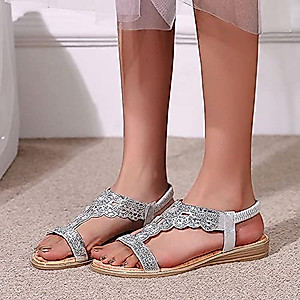 Women's Flat Sandals Summer Beach Sandal Casual Beaded Elastic Sandals T-Strap Rhinestone Beaded Bohemia Shoes (Silver, 8)