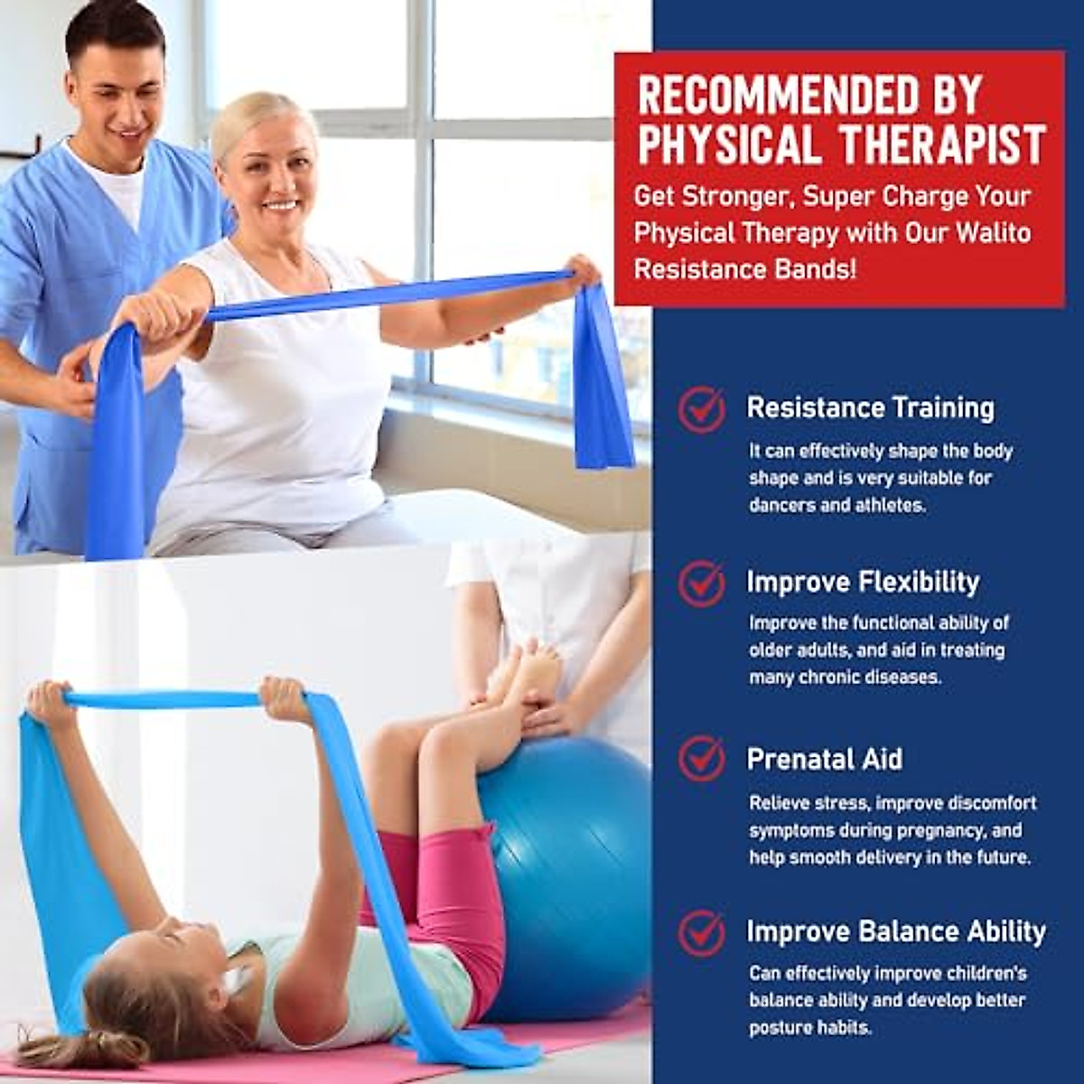 WALITO Resistance Bands for Working Out, Exercise Bands for Women and Men, Workout Bands for Physical Therapy, Stretch, Recovery, Pilates, Rehab, Strength Training and Home Gym