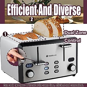 Tesslux 4 Slice Toaster, Wide Slot Bread Toaster with 6 Shade Settings, Stainless Steel Toaster with LCD Display, Removable Crumb Tray, Cancel/Defrost/Reheat Function, 1400W
