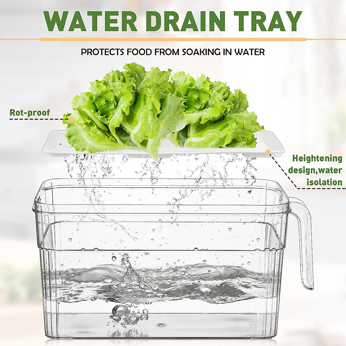 Blushtier 4 Pcs Fridge Organizer Bins with Drain Tray and Lid Handle Plastic Stackable Timer Keep Fresh Sealed Food Storage Container for Vegetables Fruit Salad Lettuce, 10 x 5.3 x 5.3 (Drain Tray)