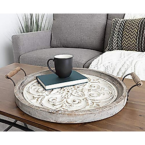 Kate and Laurel Hillrose Round Wooden Tray, 18 inch Diameter, Rustic Brown and White, Decorative Tray for Serving, Display, and Storage