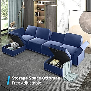 Mjkone Velvet Modular Sectional Sofa with Adjustable Armrest and Backrest for Living Room，U Shaped Couch 6 Seater Convertible Sectional Couch with Indidual Storage Ottoman -Velvet Blue
