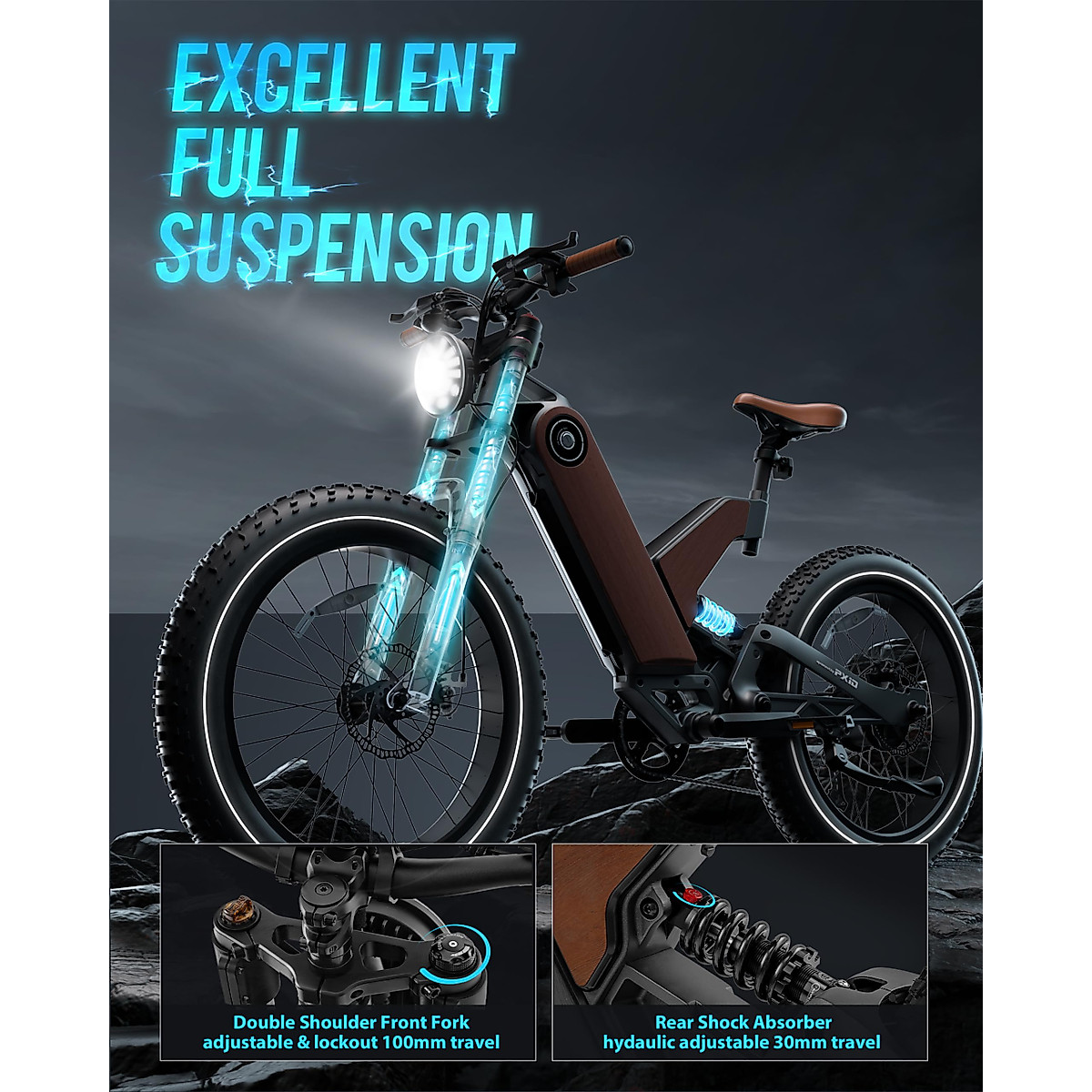 eAhora P5 Plus Electric Bike for Adults, 28MPH 750W(MAX 1000W) 48V 20Ah Long Range Removable Battery Ebike, 7 Speed Electric Mountain Bike, 24 * 4.0'' Fat Tire Electric Bike, Full Suspension