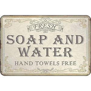 Fresh Soap and Water Hand Towels Free Tin 20X30 cm Retro Look Decoration Art Sign for Home Bathroom Farm Garden Garage Funny Wall Decor