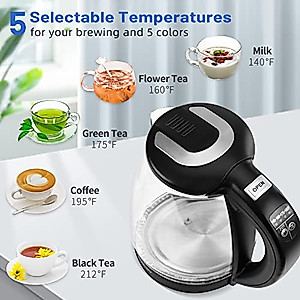 TUMIDY 1.7L Glass Electric Kettle Temperature Control Hot Water Boiler with 5 Colors LED Indicator and Keep Warm Function, 90°Open Fast Boil Auto Shut-Off Tea Heater Stainless Steel Inner Lid & Bottom