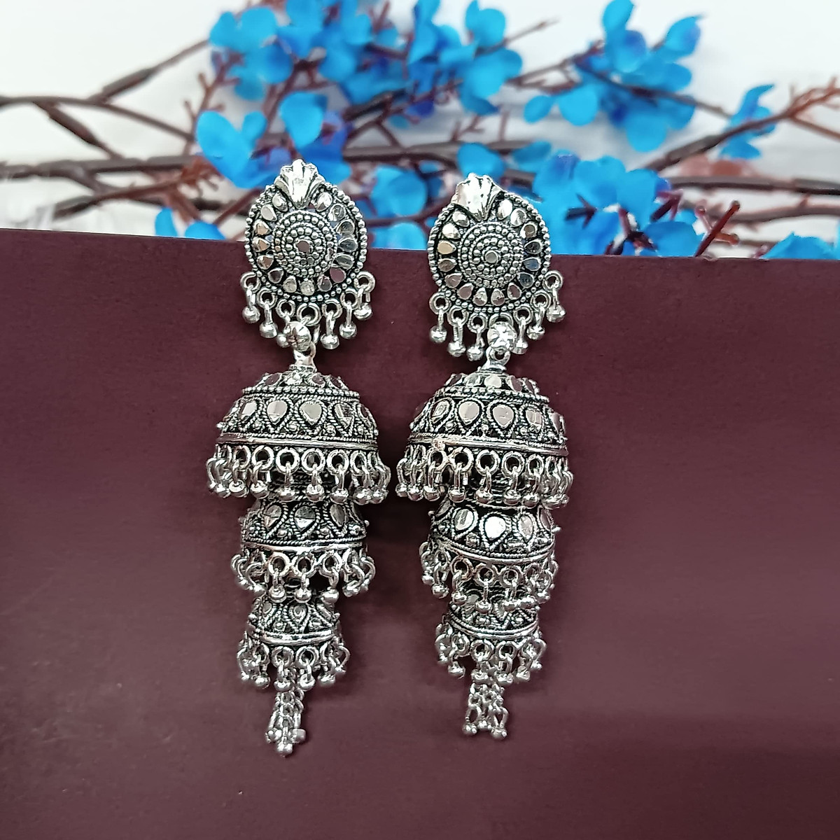 Efulgenz Indian Oxidized Jewelry Boho Vintage Layer Jhumka Jhumki Tassel Dangle Statement Earrings for Women