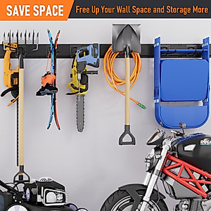 INCLY Garage Organization, 48 Inch Garden Tool Organizer Wall Mount Load 360lbs, Heavy Duty Garage Storage Rack with 3 Rails and 6 Adjustable Hooks for Hanging Yard Tool, Shovels, Rakes, Chairs