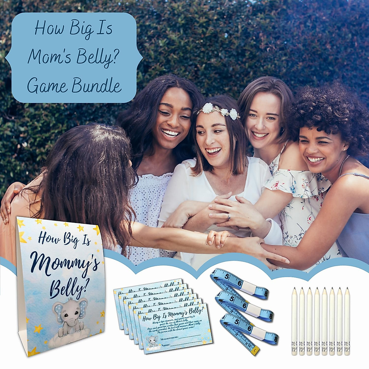 How Big is Mommys Belly Game cinta para medir la panza Measure the Belly Baby Shower Game 62 Piece for 50 Players Blue Elephant Baby Bump Measuring Tape Game