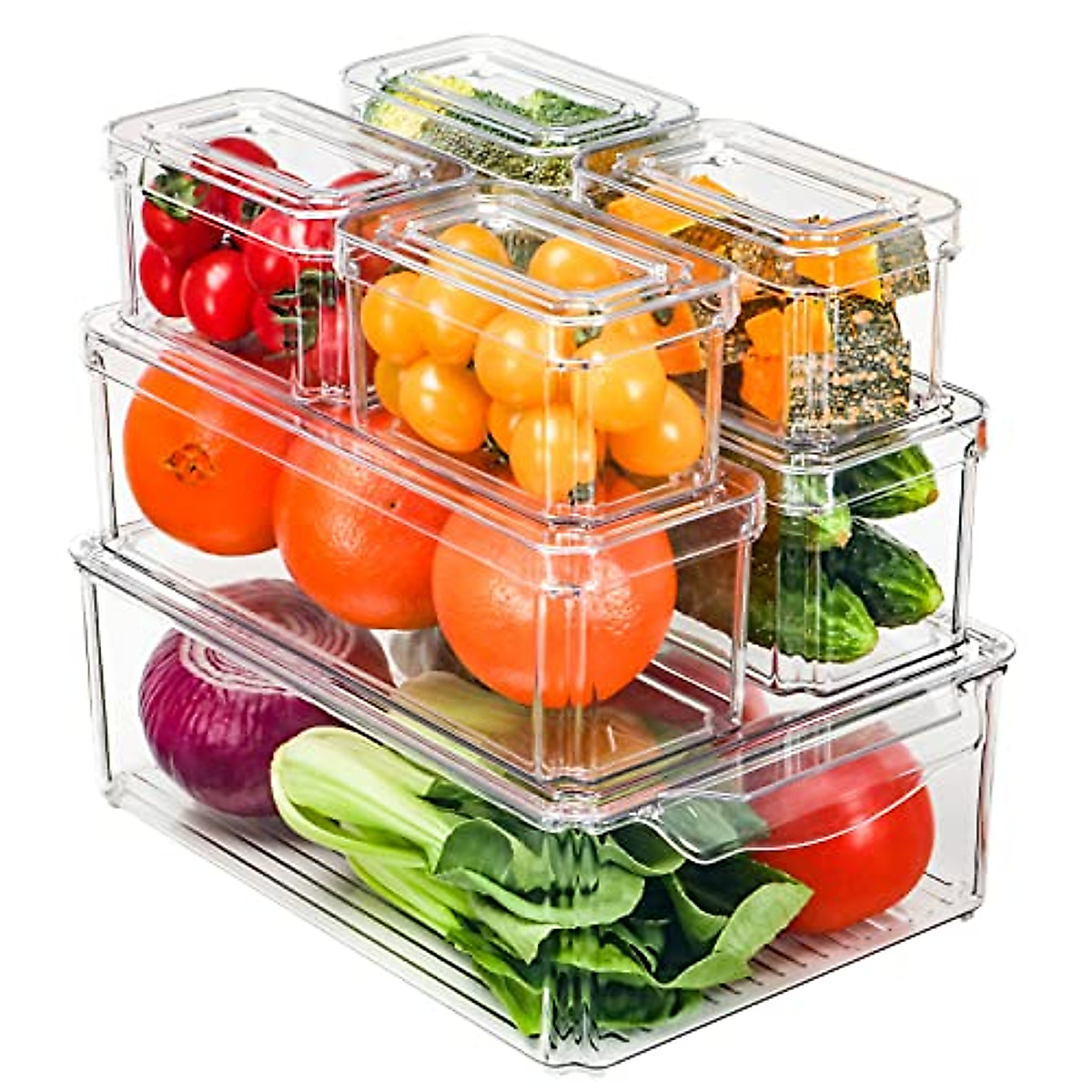 BEWAVE Fridge Organizer, 7 Pack Stackable Refrigerator Organizer Bins with Lid, Clear Containers, BPA-Free Plastic Food Storage for Food, Drinks, Fruits, Vegetable