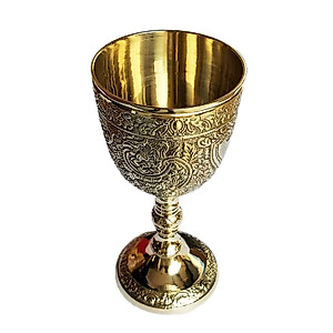 PARIJAT HANDICRAFT Brass royal chalice cup embossed brass flutes wine heavy goblet brass drinking glasses beverage tumbler cups for water juice milk beer ice tea and farmhouse decor