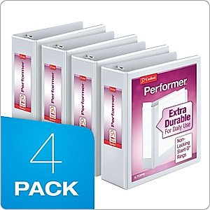 Cardinal Performer 3-Ring Binders, 3", Non-Locking Slant-D Rings, 725-Sheet Capacity, ClearVue Presentation, Non-Stick, PVC-Free, White, 4-Pack (27600)