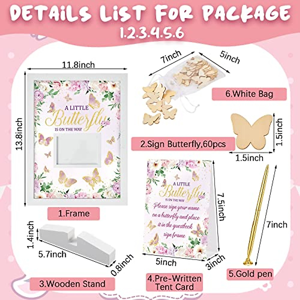 65 Pieces Butterfly Baby Shower Guest Book Alternative Set 60 Pieces Butterfly Token Baby Shower Sign in Guest Book Baby Keepsake Signature Book Picture Frame with Wooden Stand Storage Bag and Pen