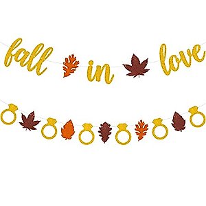 Fall in Love Banner Autumn Maple Leaves Garland for Fall Themed Wedding Engagement Bachelorette Bridal Shower Bride to be Valentines Thanksgiving Day Party Supplies Gold Glitter Decorations