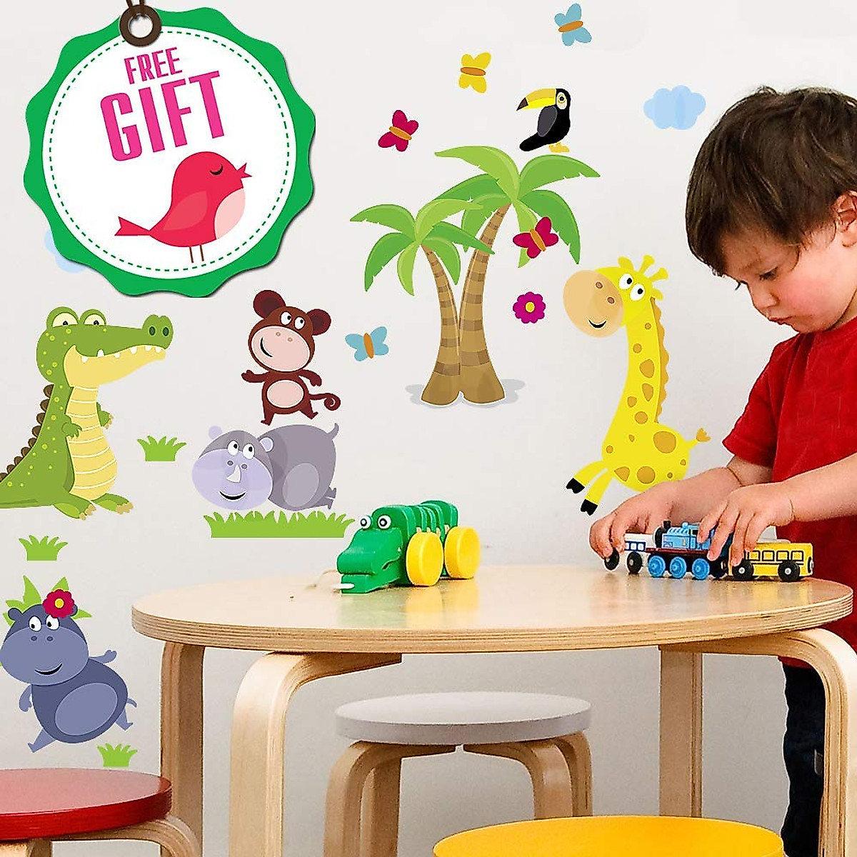 Animal Safari Jungle Vinyl Wall Decal for Kids Bedroom playroom - Decorative Art Stickers for Baby Girl Boy Wall Decor - Nursery Wall Stickers [24 Art clings] - Wall Decals for Boy - with Gift!