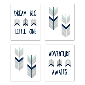 Sweet Jojo Designs Grey, Navy Blue and Mint Woodland Arrow Wall Art Prints Room Decor for Baby, Nursery, and Kids for Mod Arrow Collection - Set of 4 - Dream Big Little One