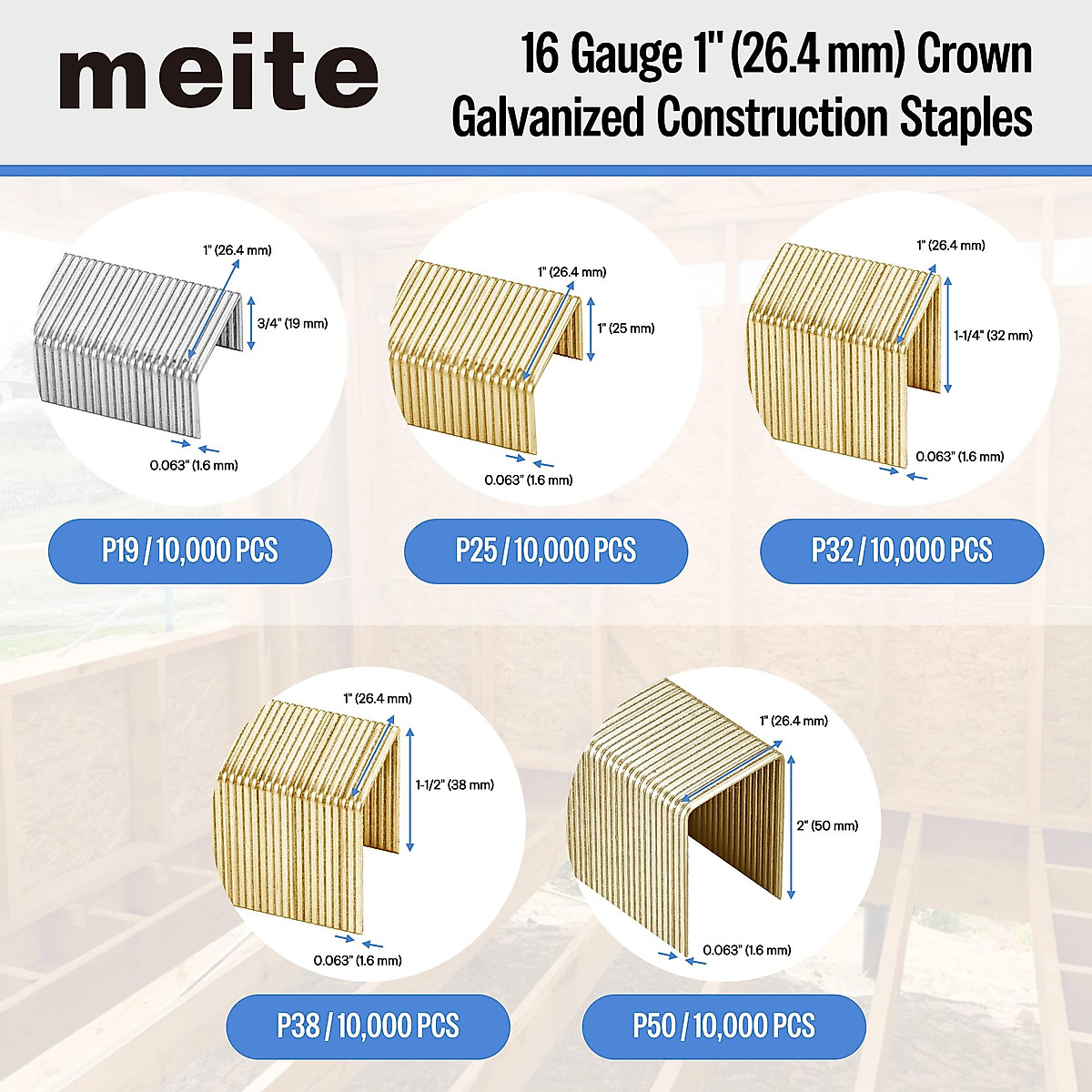 meite P32 16 Gauge 1-Inch (26.4 mm) Wide Crown by 1 1/4-Inch Length Galvanized Construction Staples Heavy Wire Staples (10,000 PCS)