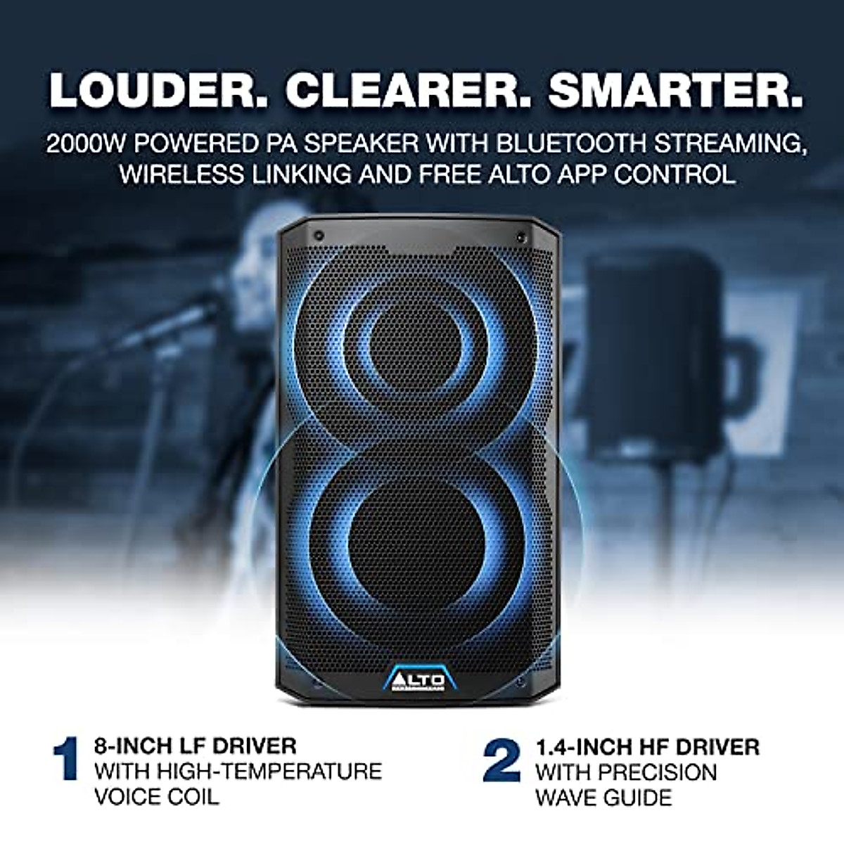 Alto Professional TS408 - 2000W 8" Powered PA Speaker with 3 Channel Mixer, Bluetooth Streaming, Wireless Loudspeaker linking, DSP and Alto App