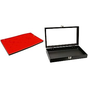 FindingKing Black Glass-top Jewelry Case (Single metal latch) w/ 1 Tray Insert (Red 72-slot Ring Foam Insert)