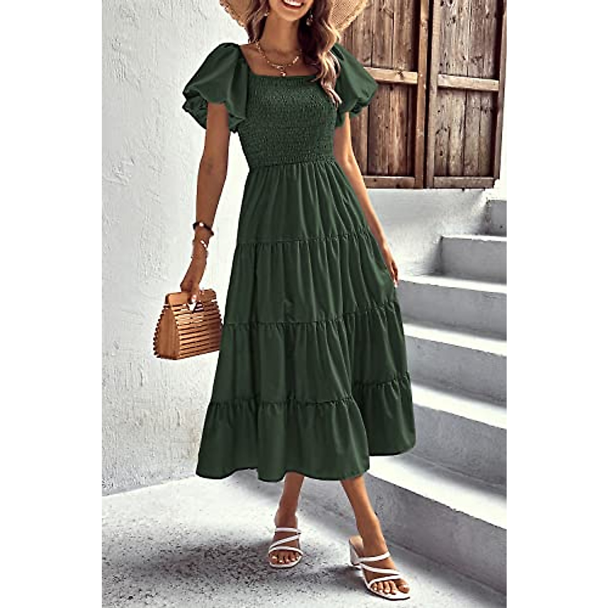 PRETTYGARDEN Women's Casual Summer Midi Dress Puffy Short Sleeve Square Neck Smocked Tiered Ruffle Dresses (Army Green,Medium)