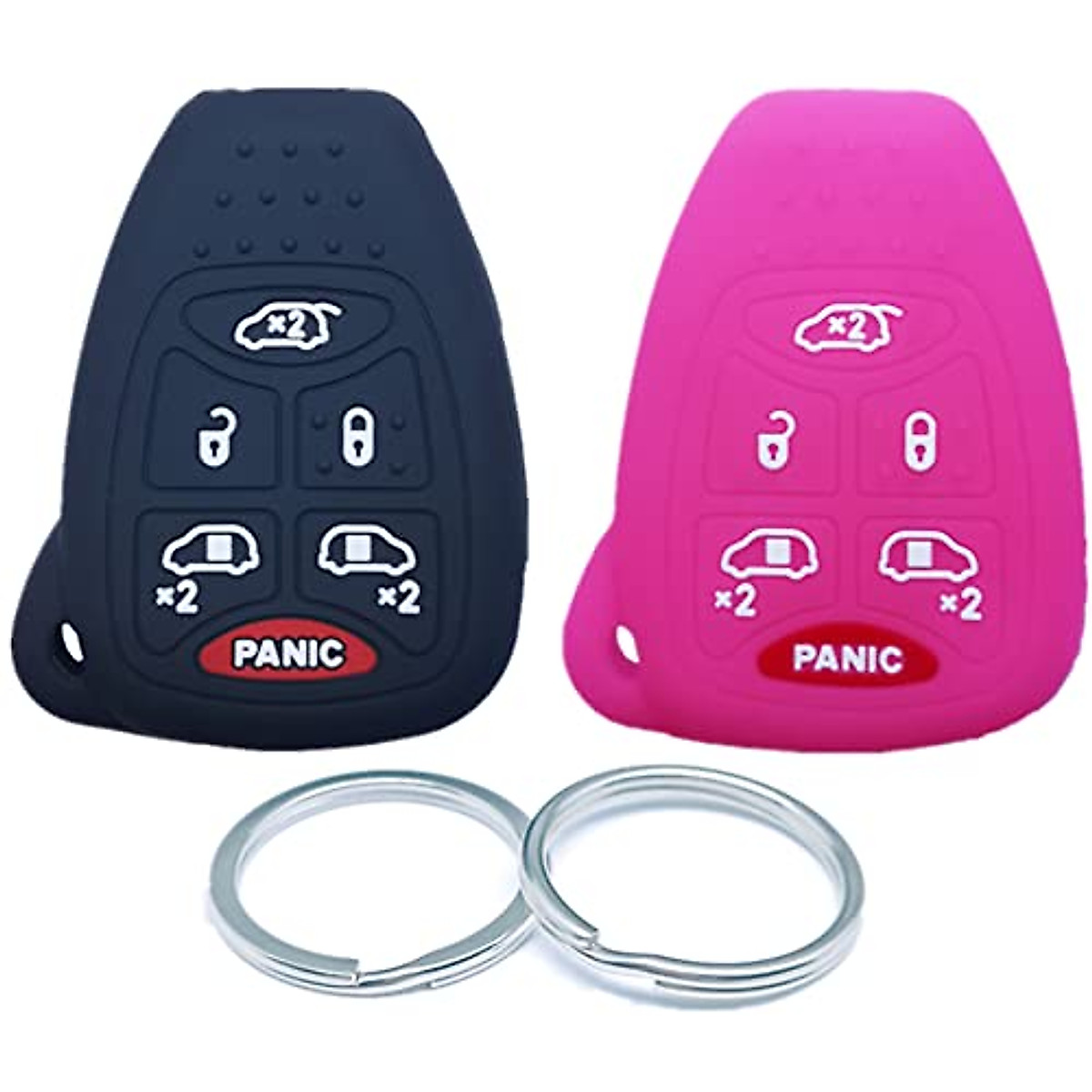 RUNZUIE 2Pcs Silicone Compatible with 2007 2006 2005 2004 Chrysler Town & Country Dodge Caravan Grand Caravan Key Fob Cover 6 Buttons M3N5WY72XX (Black and Hot Pink)