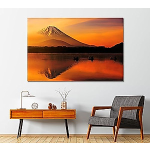Silhouette of Three Fishermen on Boats on Shoji lake Japan Canvas Print 1 Panel / 36x24 inches