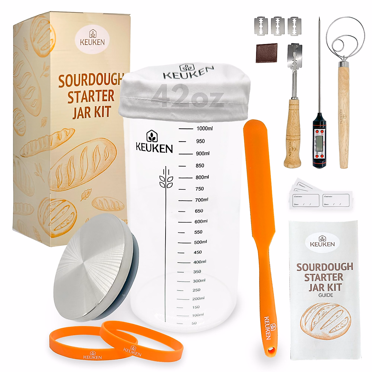 KEUKEN 42 oz Glass Sourdough Starter Jar Kit - Sourdough Bread Baking Supplies - Sourdough Starter Kit - Silicone Spatula Electric Thermometer Danish Dough Whisk - Sourdough Kit
