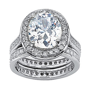 PalmBeach Yellow Gold-Plated or Platinum-Plated Sterling Silver Oval Cut Cubic Zirconia 2 Piece Halo Eternity Bridal Ring Set Size 8
