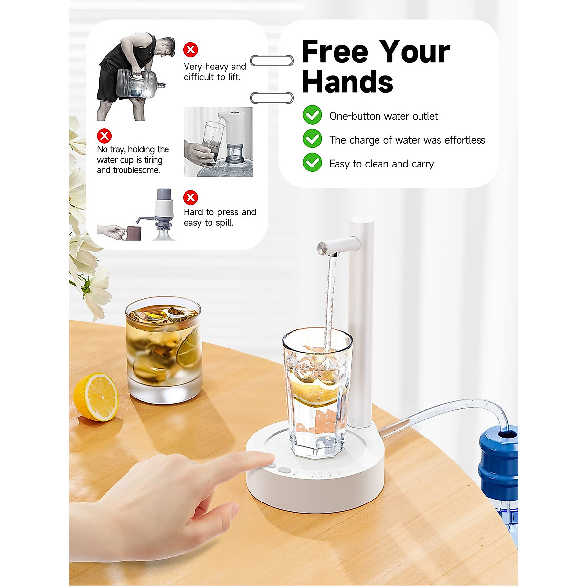 REJOMINE Water Dispenser for 5 Gallon Bottle, Smart 7 Levels Water Dispenser Countertop for Universal Bottles, Portable Desktop Water Pump for Outdoor, Automatic Water Jug Dispenser with Silicone Hose