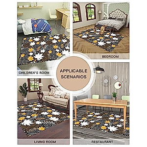 Autumn Maple Leaves Large Rectangular Area Rugs 5' x 7' Living Room, Yellow White Gold Leaf Black Backdrop Durable Non Slip Rug Carpet Floor Mat for Bedroom Bedside Outdoor
