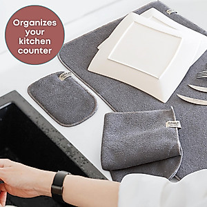 HAMUR Kitchen Dish Drying Mat 3-Set, Super Absorbent Drainer Mats for Kitchen Counter, Multiuse Draining dishes Pad with cleaning rug & dish sponge, under dish rack & sink pad