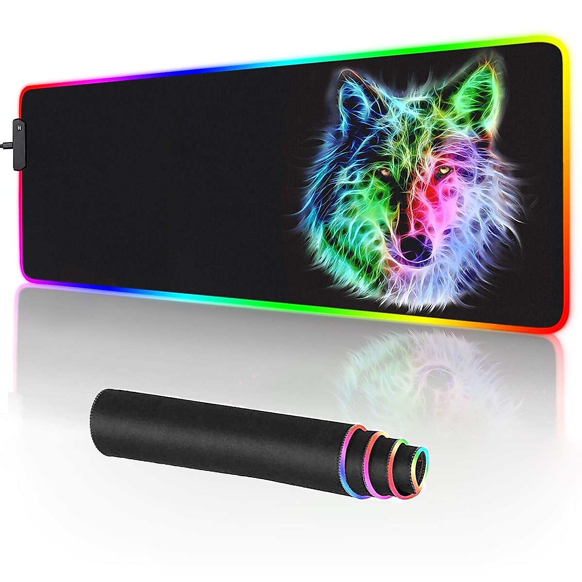 RGB Gaming Mouse Pad - 14 Light Modes Extended Computer Keyboard Mat, Anime LED Mouse Pad Large，High-Performance Mouse Pad Optimized for Gamer 31.5 X 12in (Wolf Mouse pad)