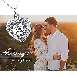 Ashes Locket that Hold Pictures Sterling Silver Urn Necklace for Ashes Always in My Heart Engraved Dainty Filigree Flower Heart Locket Pendant Necklace Memorial Keepsake Cremation Jewelry