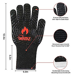 WHDZ BBQ Gloves Heat Resistant Oven Grilling Gloves 1472℉ Durable Fireproof Food Grade Kitchen Grill Gloves for Cooking, Baking, Barbeque, Welding, Cutting, 14 Inch Black