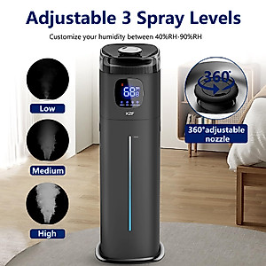 9L/2.5Gal Humidifier for Large Room Bedroom, KZF Ultrasonic Cool Mist Humidifier with Humidistat, 360°Nozzle, Last 72 Hours Suitable for Baby Home Indoor Plant (Black)