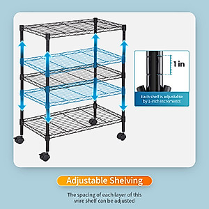 FDW Wire Shelving Metal Storage Shelves 23L x 13W x 32H 3 Tier Layer Storage Shelves with Wheels for Kitchen Garage Small Places,Black