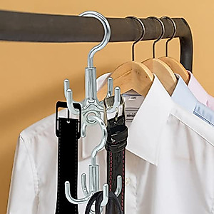 2 Pcs Silver Belt Hanger with 8 Pcs Clothes Hanger Connector Hooks for Closet Scarf Tie Rack Metal Belt Organizer Purse Hanger Belt Holder for Men Women Scarves 4 Hooks Each