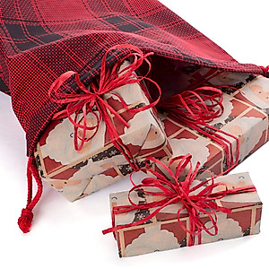 Pudgy Pedro's Party Supplies - Christmas Canvas Gift Bags - X-Large 26" x 19" Red Xmas Plaid - Jumbo Fabric Present Cloth Stocking - 1 ct