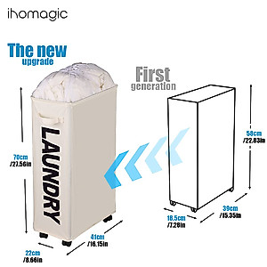 IHOMAGIC 62L Laundry Baskets on Wheels – Decorative Foldable Laundry Hamper with Removable Mesh Laundry Bags, Large Corner Storage Bins Handles for Storing Bedroom Clothes (Beige)