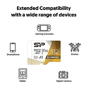 Silicon Power 512GB Micro SD Card U3 V30 SDXC Memory Card with Adapter for Nintendo-Switch and Drone