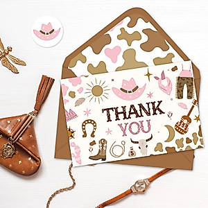 Whaline 24 Pack Western Cowgirl Thank You Cards Pink Brown Greeting Cards with Envelope Stickers Blank Note Cards for Baby Shower Party Supplies, 4 x 6 Inch
