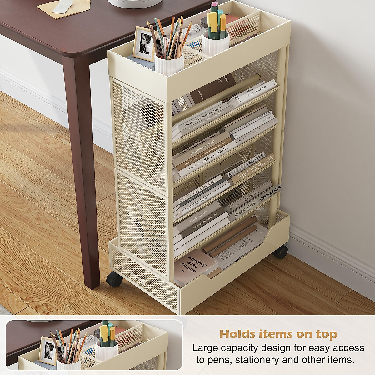 COVAODQ COAVODQ Book Cart with Wheels Mobile Bookshelf Rolling Bookshelf Organizer Bookcase Book Storage Rack, Book Movable Rolling Carts with Wheels for Home Sclool Office 5-Tier