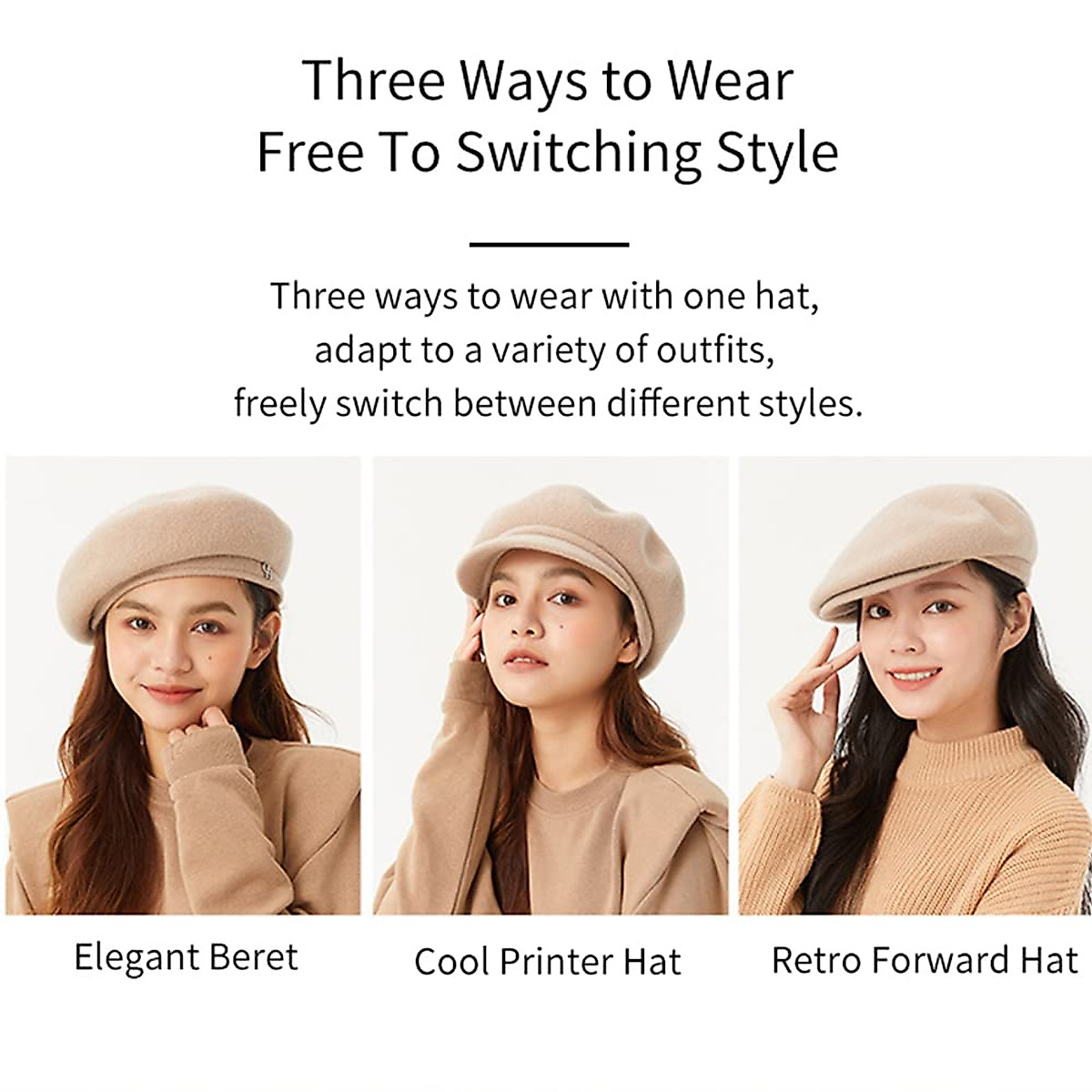 OHYOGA Wool Beret Hat Solid Color French Artist Beret Newsboy Cap for Women Girls SLH2T136, White