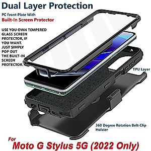 Covrware Aegis Series Case for Moto G Stylus 5G 2022 / XT2215, Full-Body Rugged Dual-Layer Shockproof Protective Swivel Belt-Clip Holster Cover with Built-in Screen Protector, Kickstand, Black