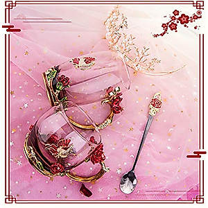 Guon-Wuvl Handicraft Crystal Glass 3D Flower Cups Tea Mug With Tea Spoon Women Coffee, Tea, Juice, Beer, Milk Hot And Cold Drinks Use Gift Package. (Rose Red Coffee Cup, 12 OZ)