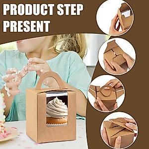 VGOODALL Kraft Cupcake Boxes,50pcs Single Cupcake Carrier with Window Insert and Handle Kraft Pastry Containers Muffins Cupcake Carriers for Bakery Wrapping Party Favor Packing