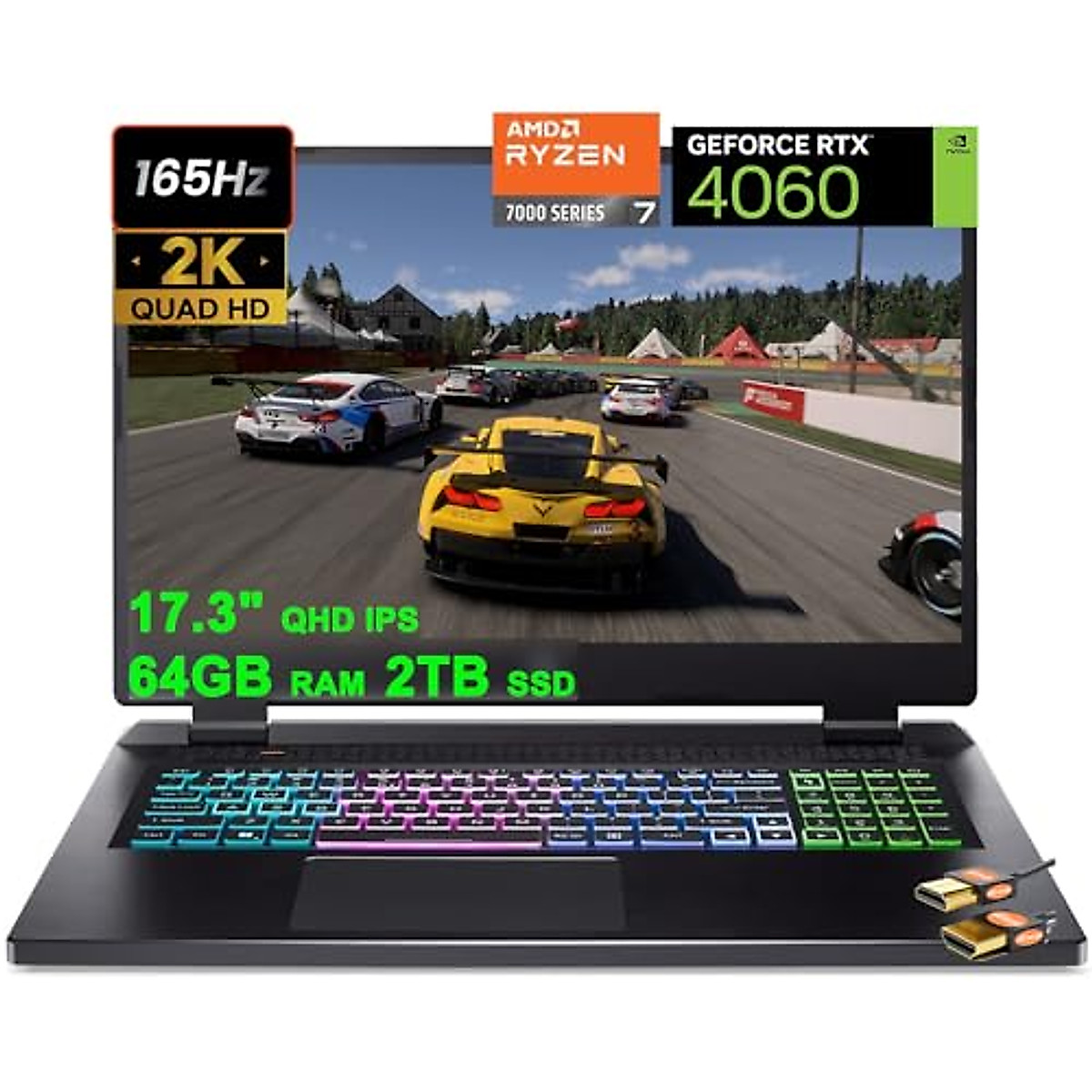 acer Nitro 17 Gaming Laptop 17.3" QHD IPS 165Hz AMD 8-Core Ryzen 7 7840HS (Beats i7-11800H) 64GB RAM 2TB SSD GeForce RTX 4060 8GB Graphic RGB Backlit USB-C Killer E2600 Win11 Black + HDMI Cable
