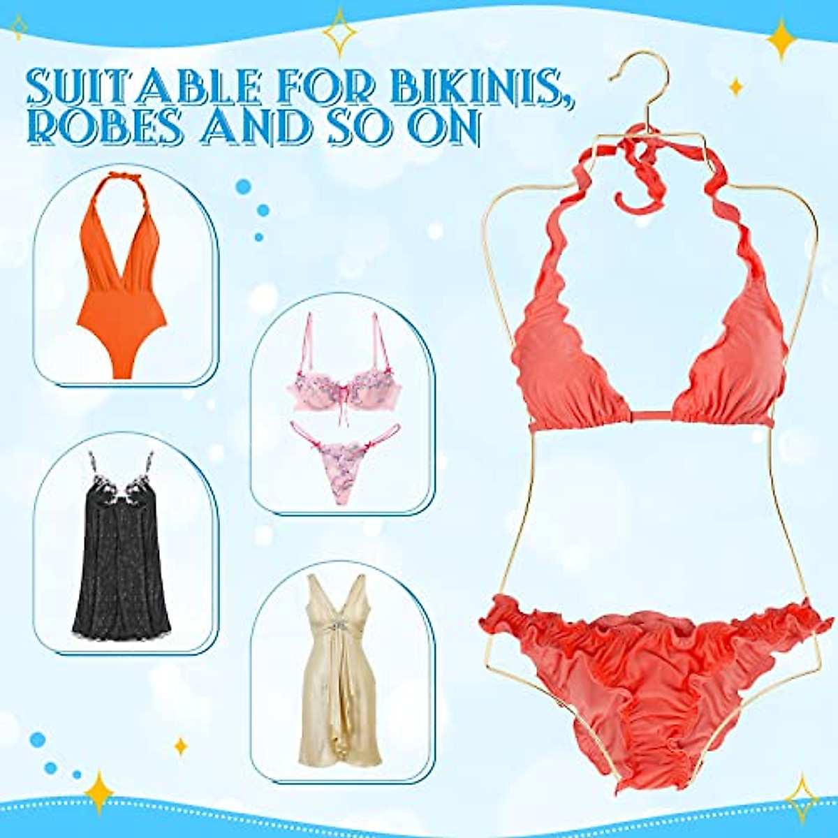 Body Shape Bikini Hanger Wire Body Shape Display Hangers Metal Lingerie Hangers Bathing Suit Hangers Swimsuit Hanger Bikini Swimwear Hanger for Clothes Coat(Gold, 16 Pcs)